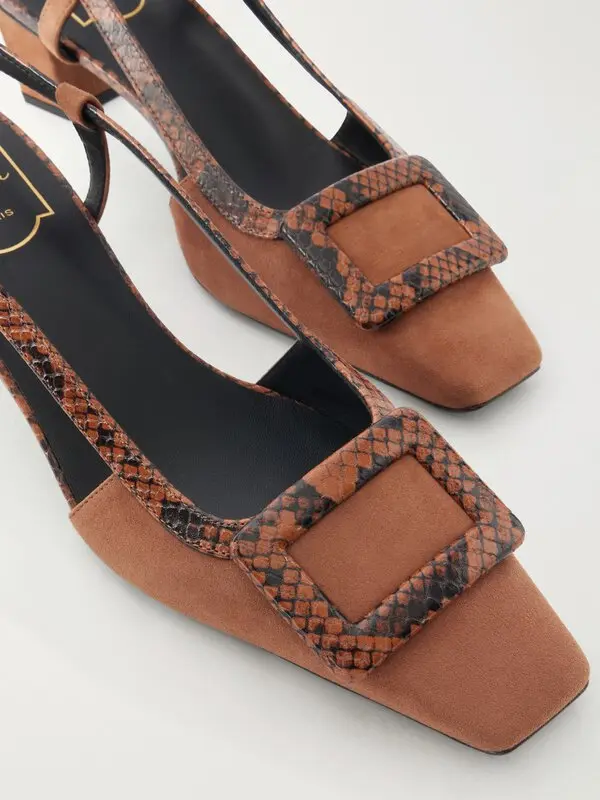 ROGER VIVIER 45mm Snake-effect Leather-trimmed Suede Slingback Pumps - Brown