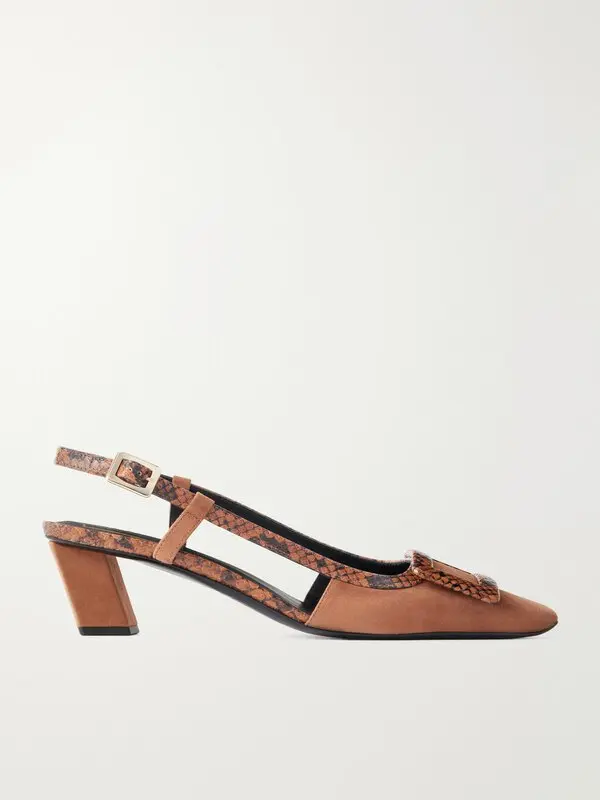 ROGER VIVIER 45mm Snake-effect Leather-trimmed Suede Slingback Pumps - Brown