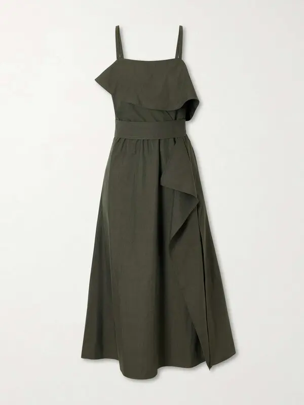 Proenza Schouler White Label Reign Belted Cotton-blend Midi Dress - Dark Green