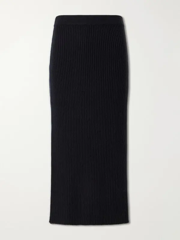 ALLUDE Ribbed Wool And Cashmere-blend Midi Skirt - Black