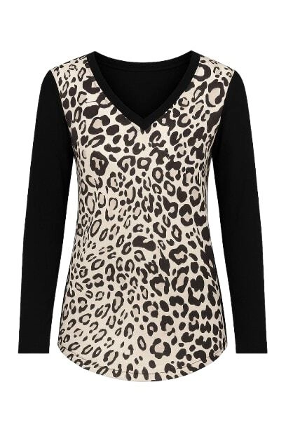 CONQUISTA Long Sleeve Print Top With Trim Detail - Black