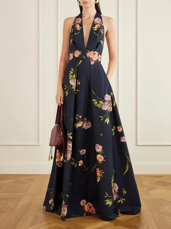 Elie Saab Pleated Floral-print Cotton-poplin Halterneck Gown - Blue