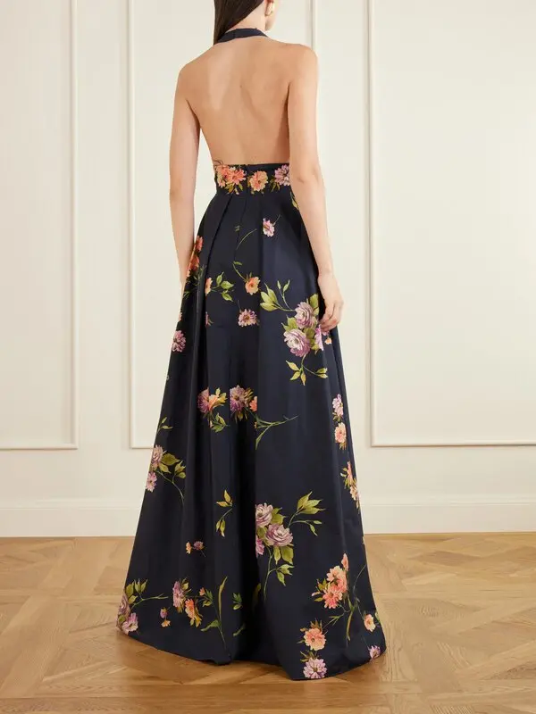 Elie Saab Pleated Floral-print Cotton-poplin Halterneck Gown - Blue