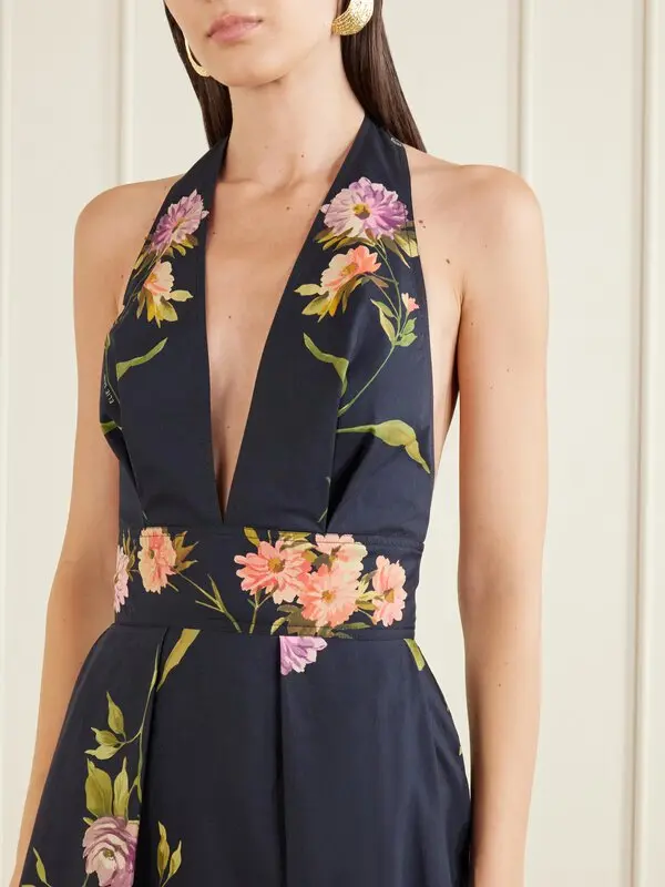 Elie Saab Pleated Floral-print Cotton-poplin Halterneck Gown - Blue