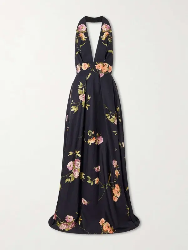 Elie Saab Pleated Floral-print Cotton-poplin Halterneck Gown - Navy