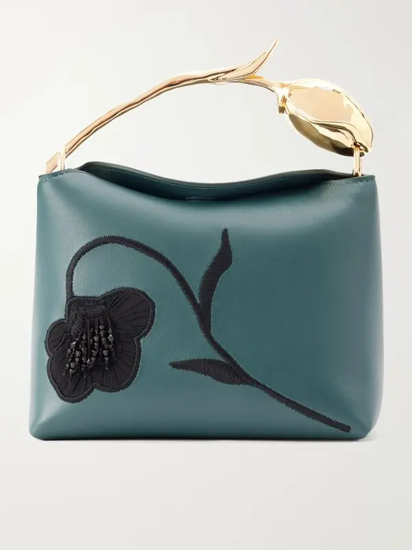 Erdem Bloom Medium Embroidered Leather Clutch With Gold Tone Hoop Handle - Green