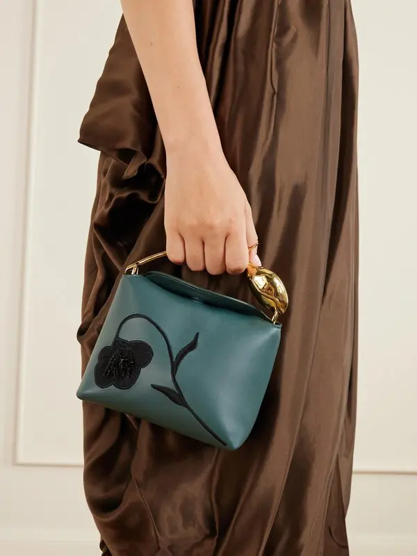 Erdem Bloom Medium Embroidered Leather Clutch With Gold Tone Hoop Handle