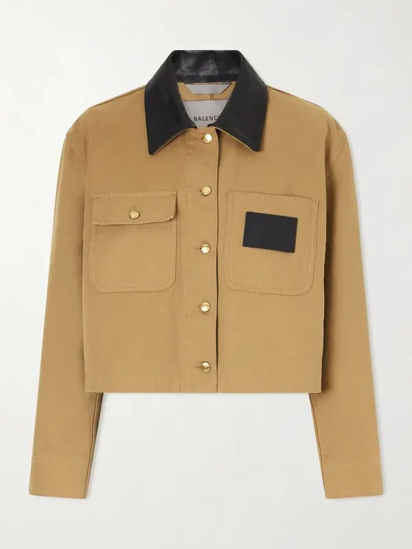 Balenciaga Cropped Cotton-canvas Jacket With Leather Trim - Neutrals