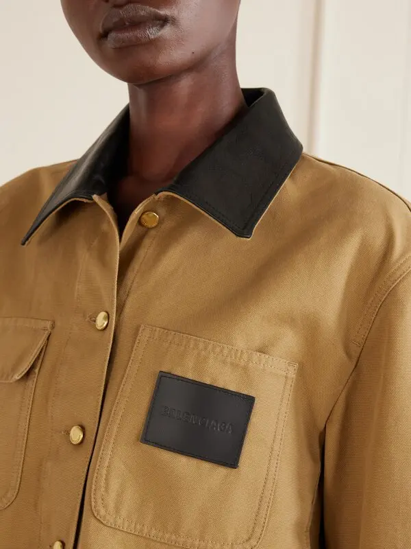 Balenciaga Cropped Cotton-canvas Jacket With Leather Trim - Neutrals