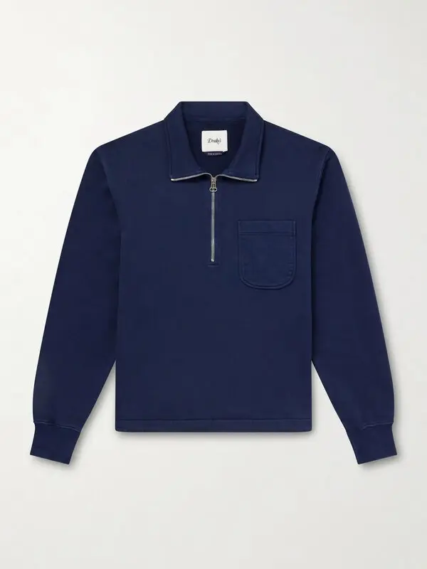 DRAKE'S Cotton-jersey Half-zip Sweatshirt - Blue