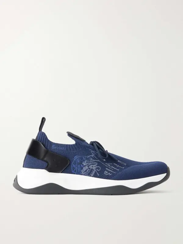 Berluti Shadow Logo-embroidered Leather-trimmed Stretch-knit Sneakers - Navy