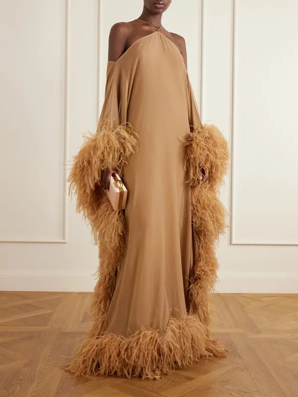 TALLER MARMO Feather-trimmed Silk-chiffon Gown - Brown