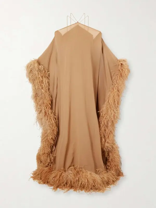 TALLER MARMO Sza Sza Spirito Feather-trimmed Silk-chiffon Gown - Camel