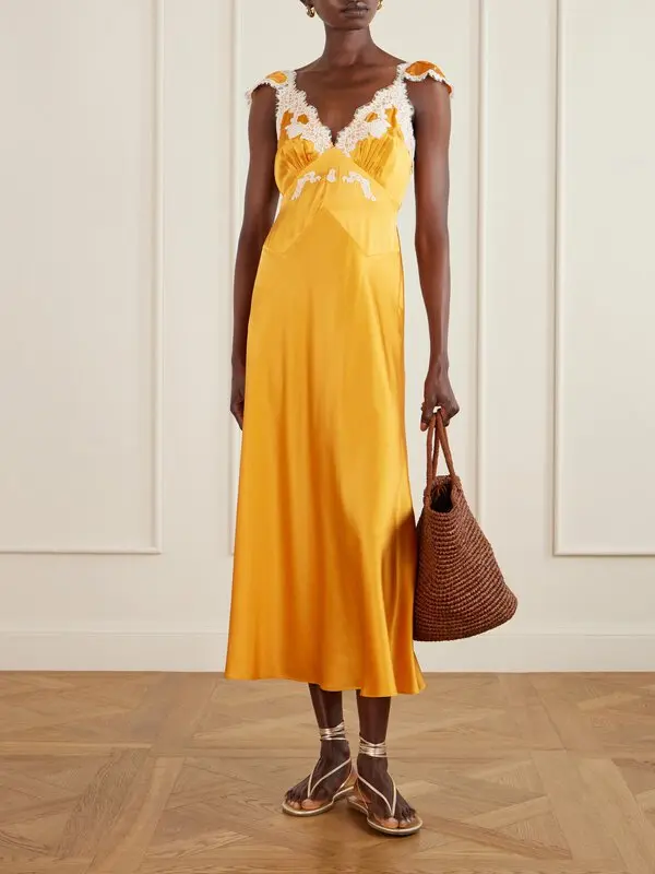 DÔEN Fiona Lace-trimmed Silk-satin Midi Dress
