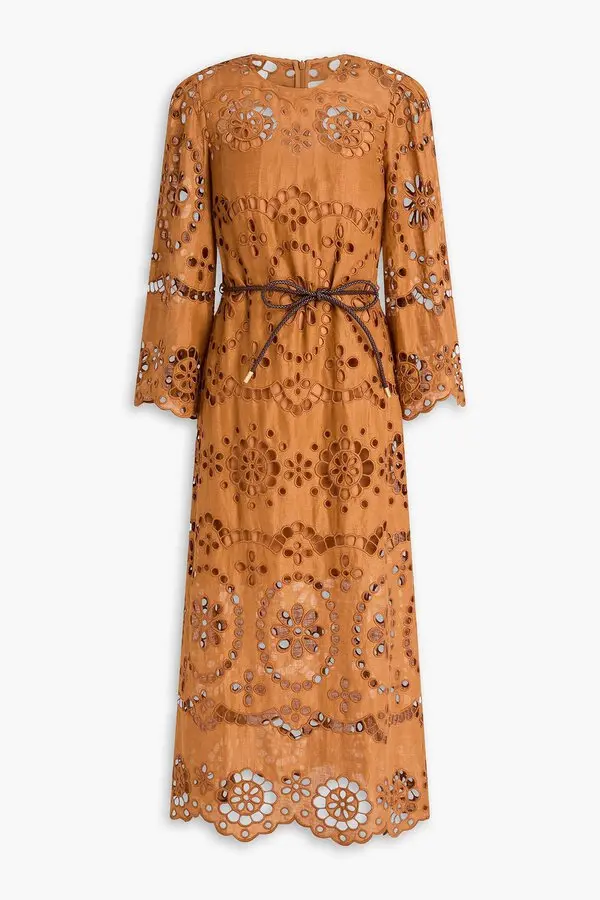 Zimmermann Broderie Anglaise Linen Midi Dress - Light Brown