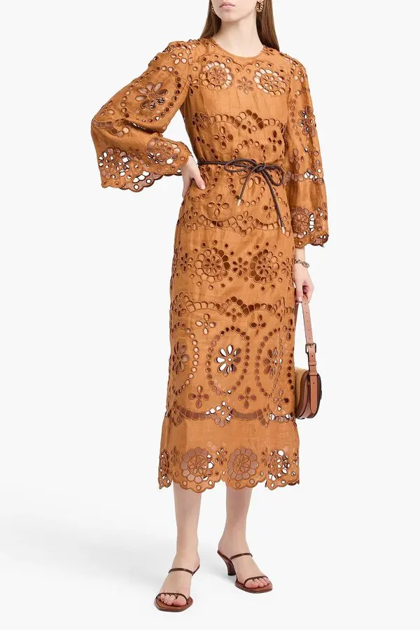Zimmermann Broderie Anglaise Linen Midi Dress - Light Brown