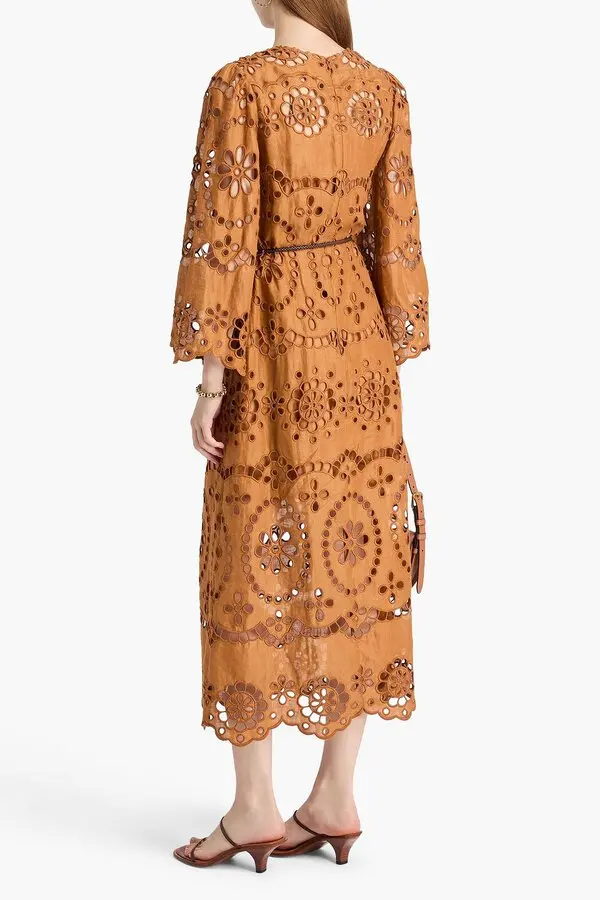 Zimmermann Broderie Anglaise Linen Midi Dress - Light Brown