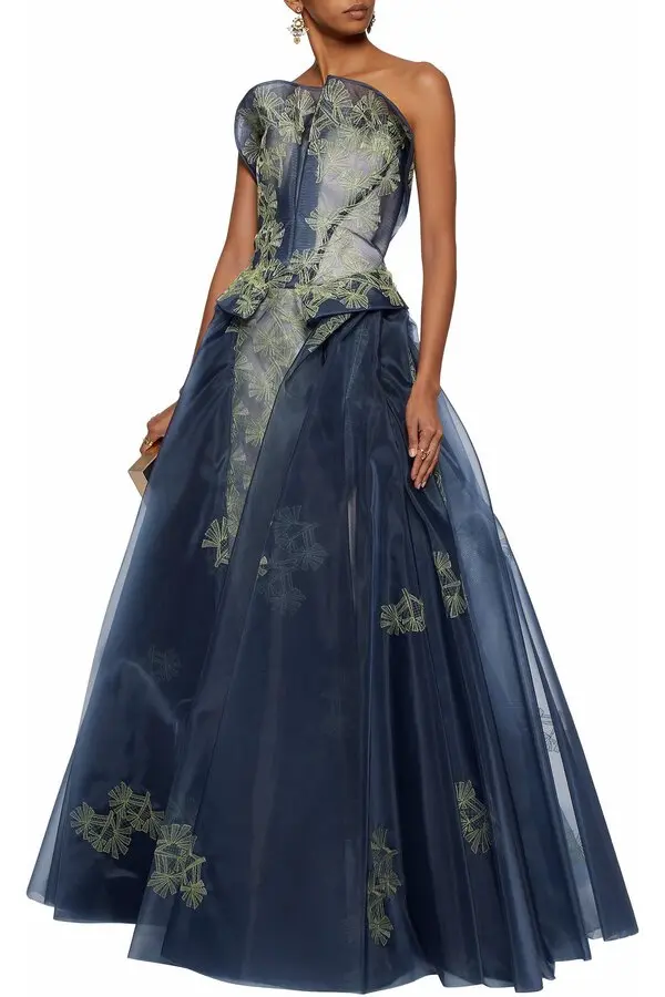 Zac Posen Strapless Metallic Embroidered Organza Gown