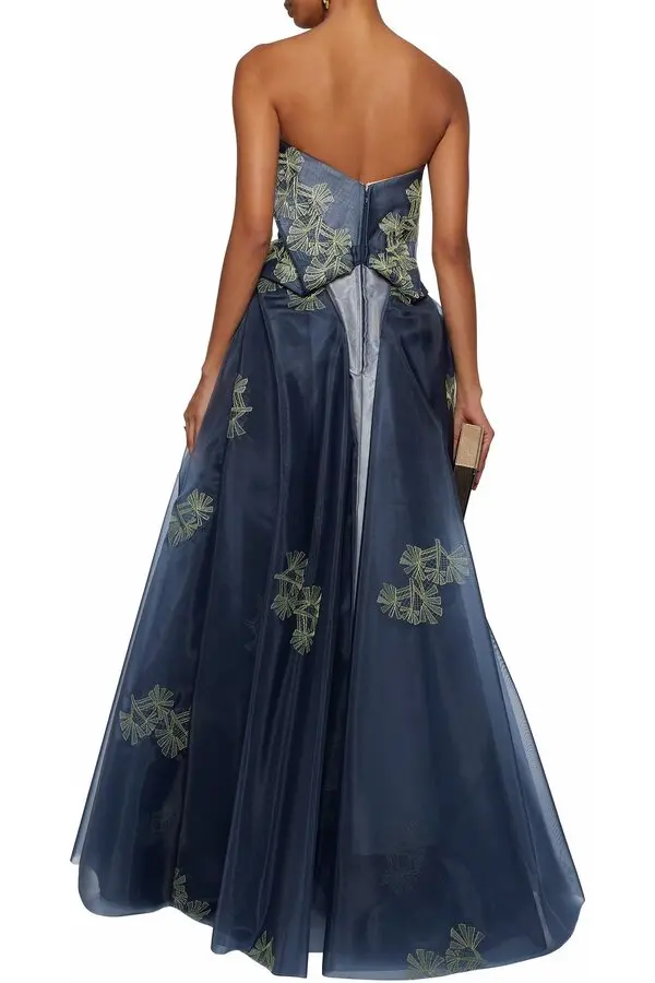 Zac Posen Strapless Metallic Embroidered Organza Gown