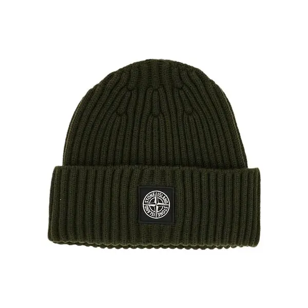 Stone Island Wool Beane Hat Wth Logo Patch Kds - Green