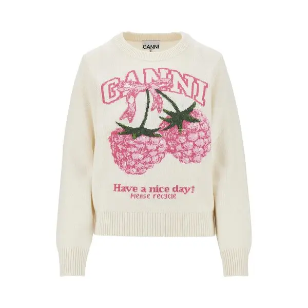 GANNI Embroidered Raspberry Wool-blend Sweater - White