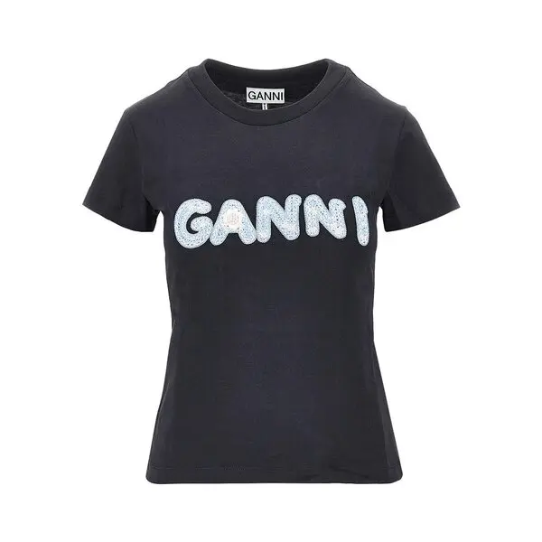 GANNI Cotton T-shirt With Logo Embroidery - Black