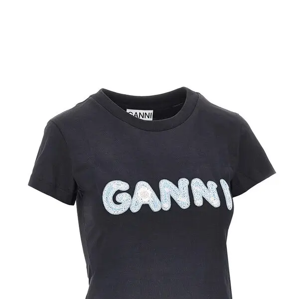GANNI Cotton T-shirt With Logo Embroidery - Black
