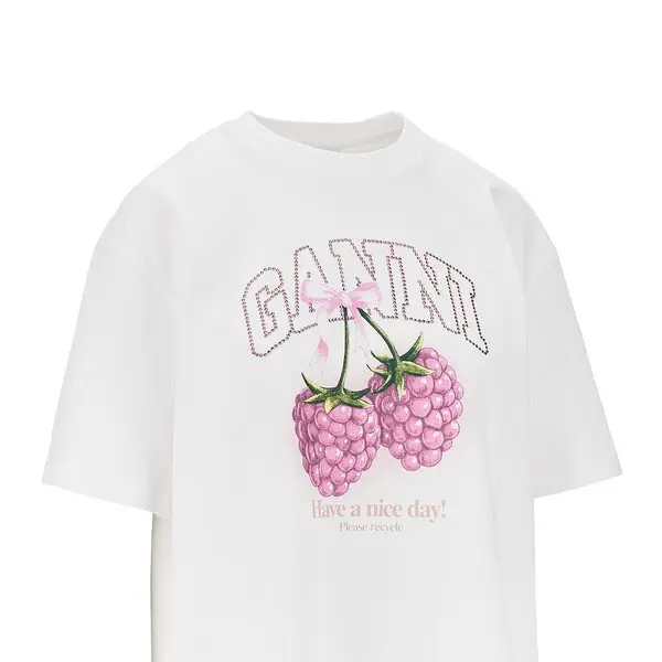 GANNI Cotton T-shirt With Rhinestone And Raspberry Print