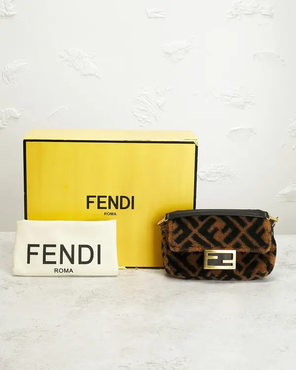 FWRD RENEW Fendi Shearling Vitello Dolce Macro Ff 1974 Mini Baguette Shoulder Bag - Brown