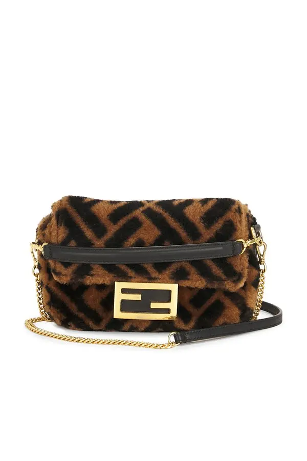 Fendi Shearling Vitello Dolce Macro Ff 1974 Mini Baguette Shoulder Bag - Brown