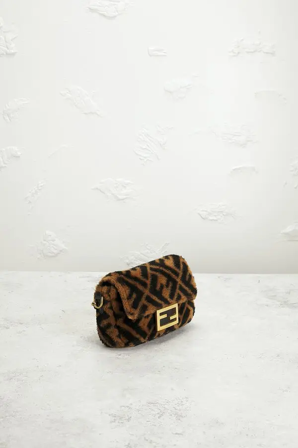 FWRD RENEW Fendi Shearling Macro Ff Mini Baguette Shoulder Bag