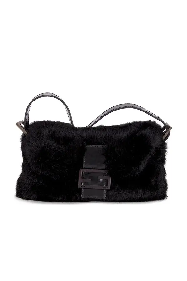 Fendi Rabbit Fur Baguette Shoulder Bag - Black
