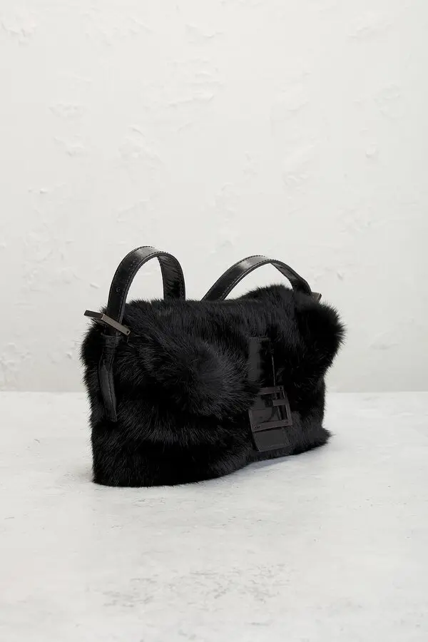 Fendi Rabbit Fur Baguette Shoulder Bag - Black