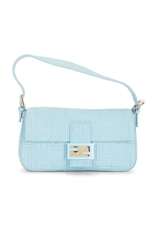 Fendi Logo Embossed Baguette Shoulder Bag - Blue