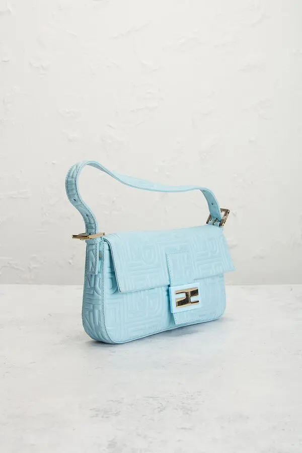Fendi Embossed Logo Baguette Shoulder Bag - Blue