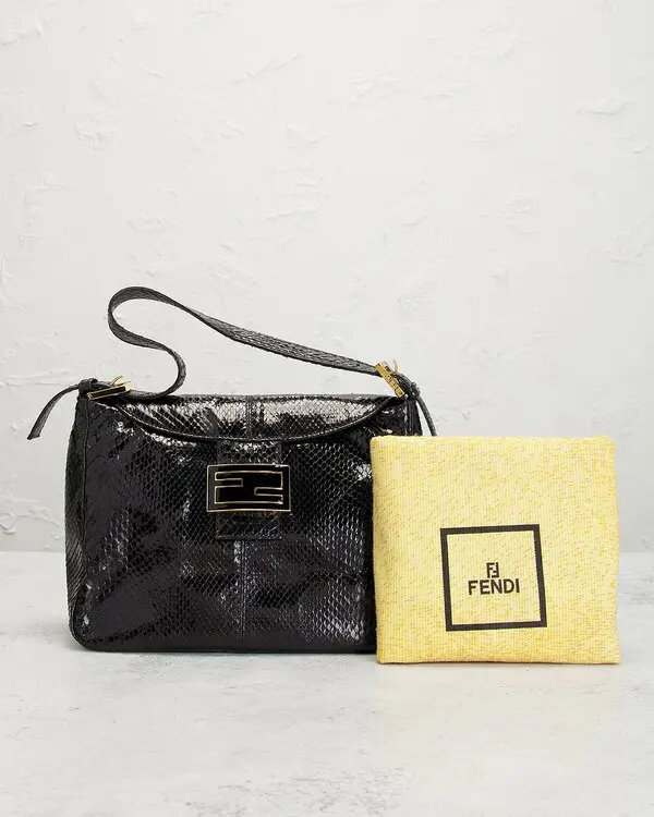 FWRD RENEW Fendi Snakeskin Baguette Shoulder Bag - Black