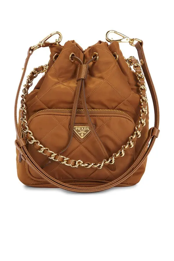 Prada Re-edition 1995 Re-nylon Chaine Drawstring Bucket Bag In Brown - Brandy