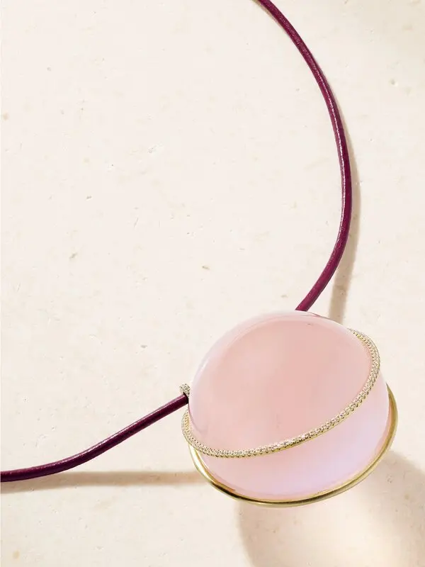 Marisa Klass 18-karat Gold, Quartz, Diamond And Leather Necklace - Pink
