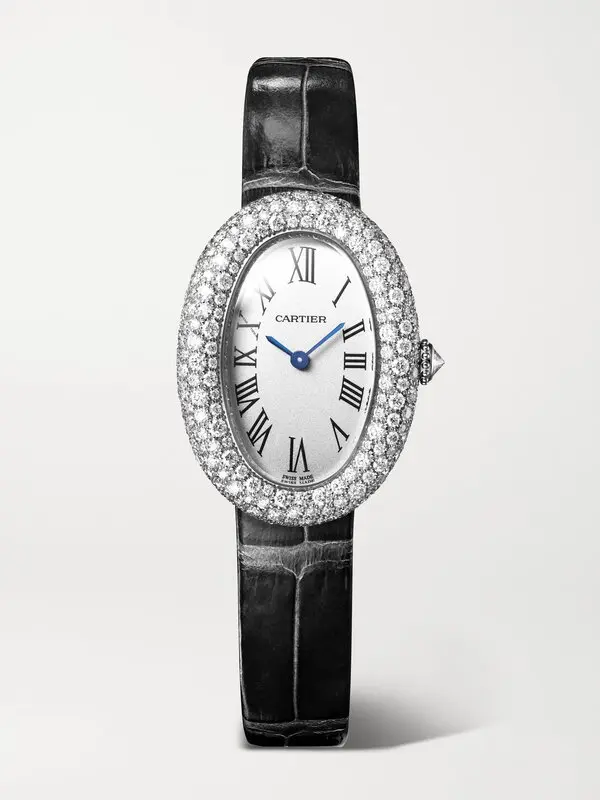 Cartier Baignoire 36mm Medium 18-karat Gold, Alligator And Diamond Watch - White
