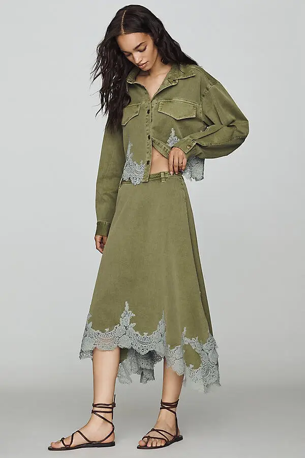 Anthropologie Lace-trim Utility Midi Skirt - Green