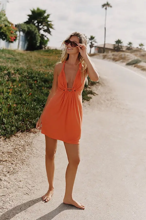 CELANDINE Strappy Plunge Knit Mini Dress - Coral