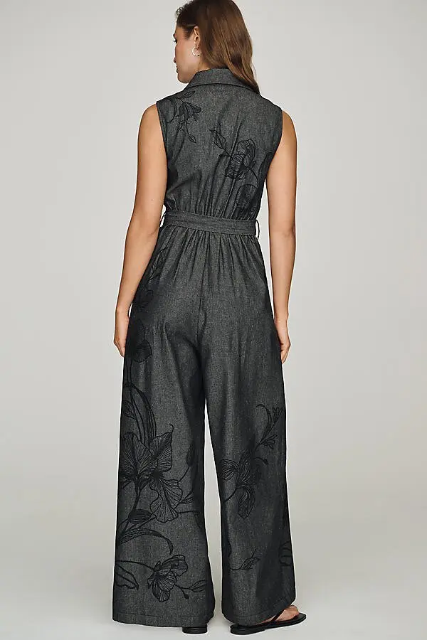 RANNA GILL Denim Floral Wide-leg Jumpsuit