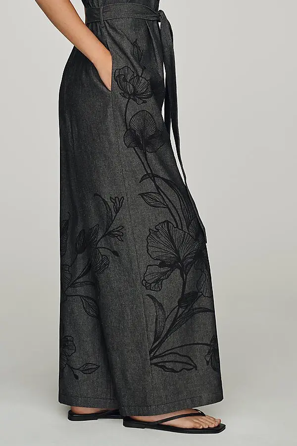 RANNA GILL Denim Floral Wide-leg Jumpsuit