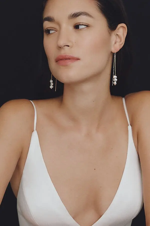 Anthropologie 14k -plated Brass 3-pearl Threader Earrings