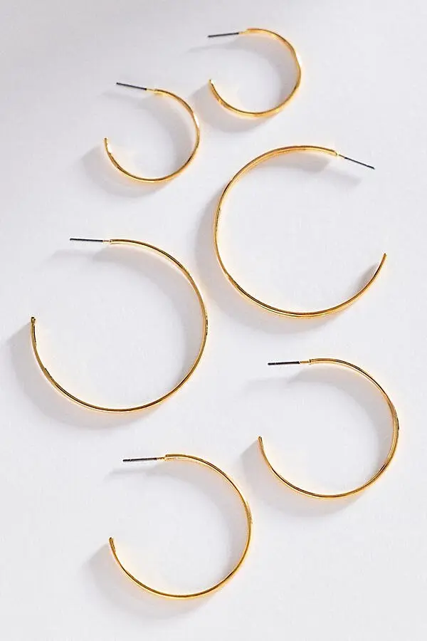 Anthropologie Ribbed Hoop Earrgs, Set Of 3 - Gold