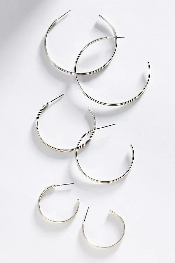 Anthropologie Ribbed Hoop Earrings, Set Of 3 - Silver