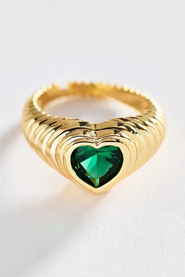 Anthropologie Bezel Heart Cocktail Ring - Green