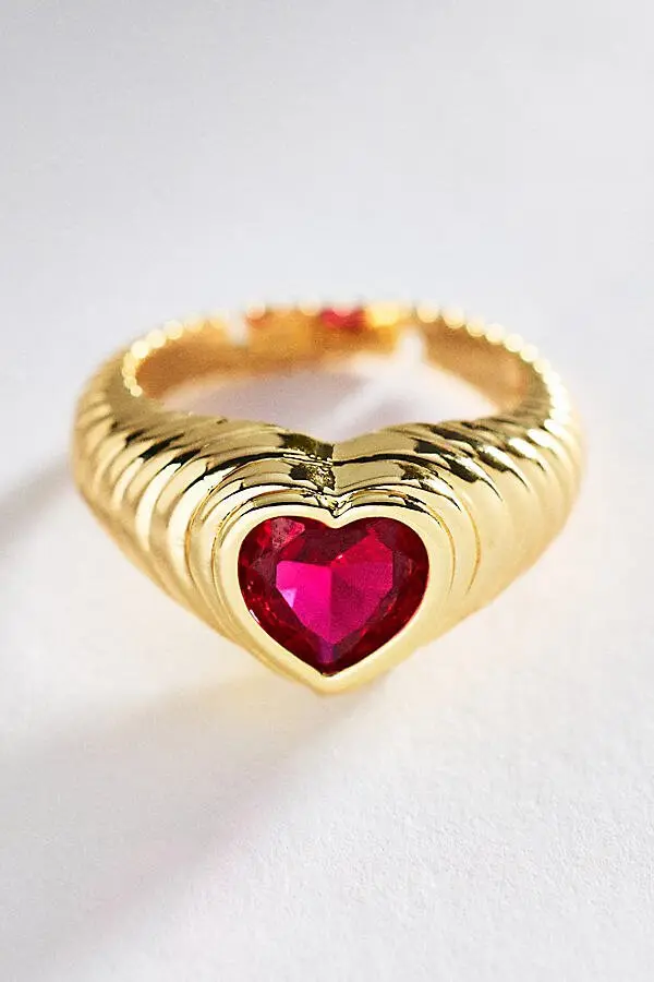 Anthropologie Bezel Heart Cocktail Ring - Red