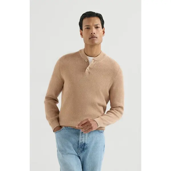 Brunello Cucinelli Cashmere English Rib Sweater With Henley Collar - Camel