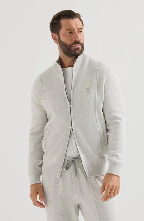 Brunello Cucinelli Cashmere Double Knit Cardigan With Zipper And Logo - Light Grey